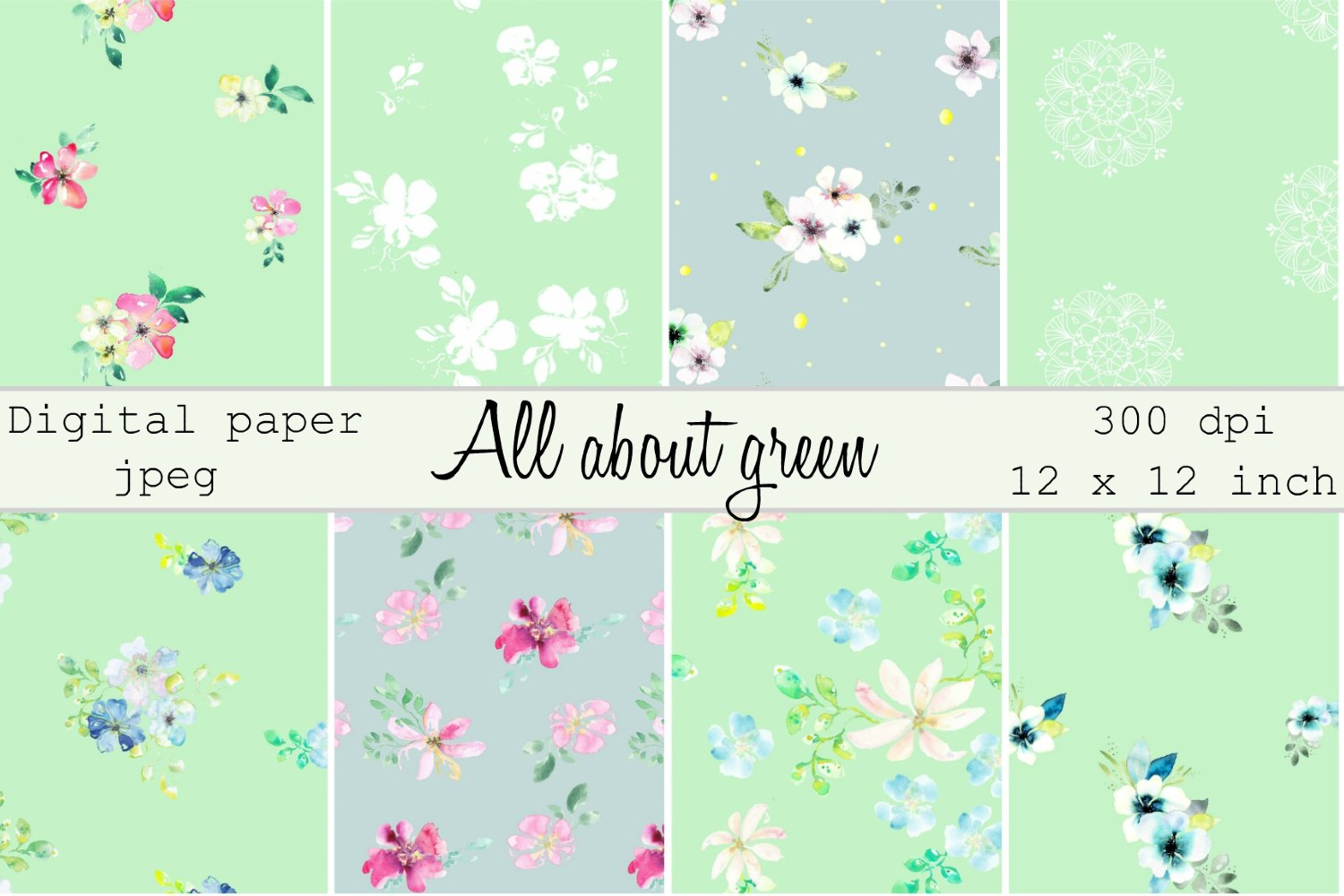 Green Digital Papers Backgrounds, Mandala and Flowers