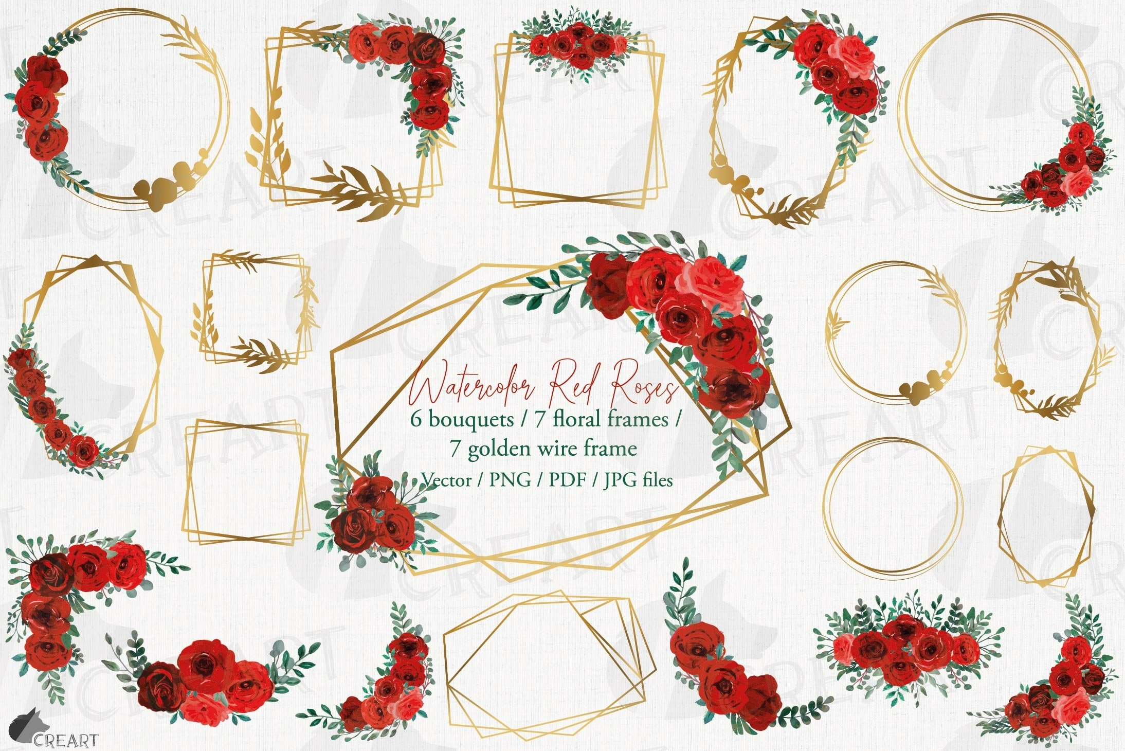 Red rose wedding floral templates, geo gold floral frames. (1758895 ...