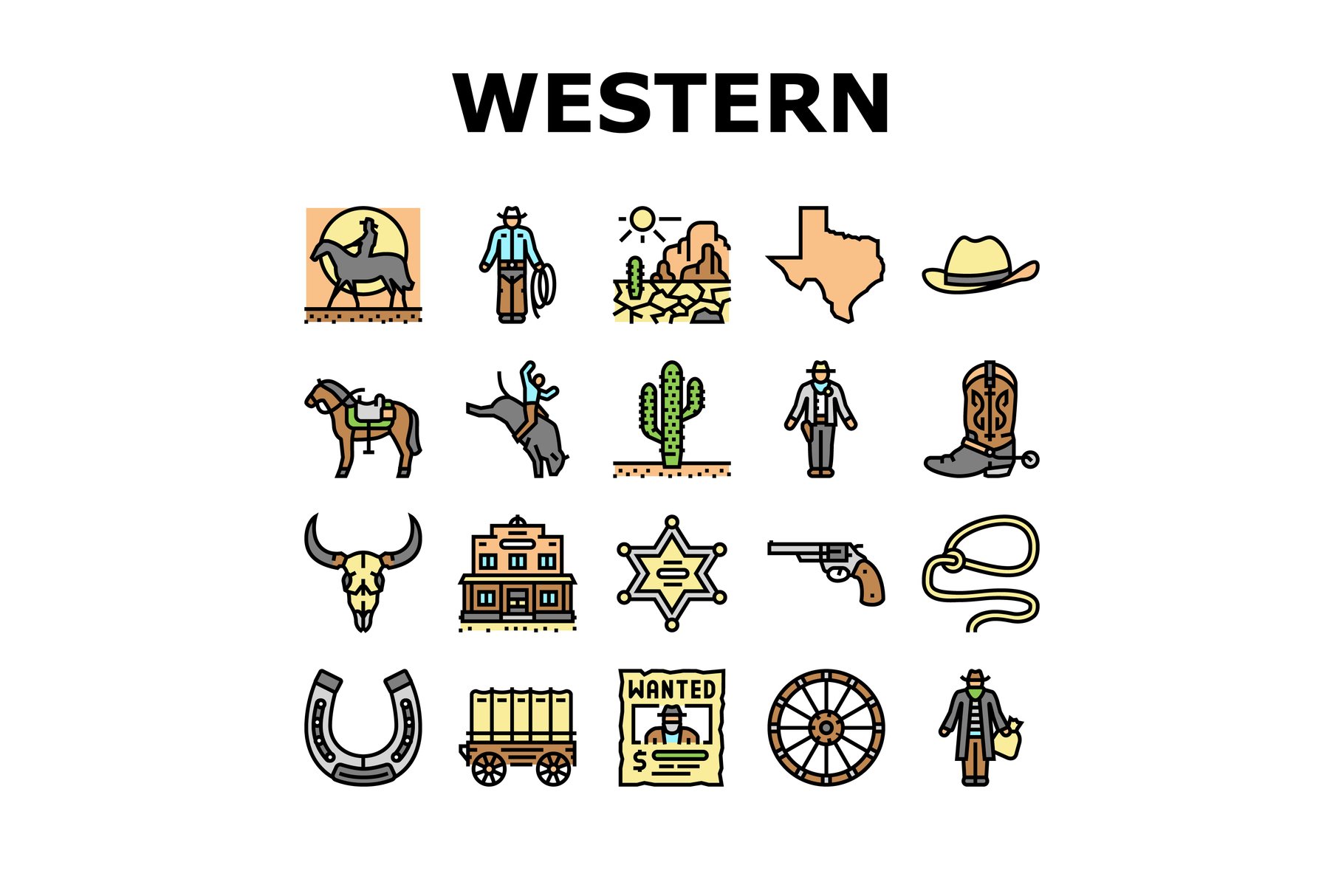 Western Cowboy And Sheriff Man Icons Set Vector (2231835) | Icons ...