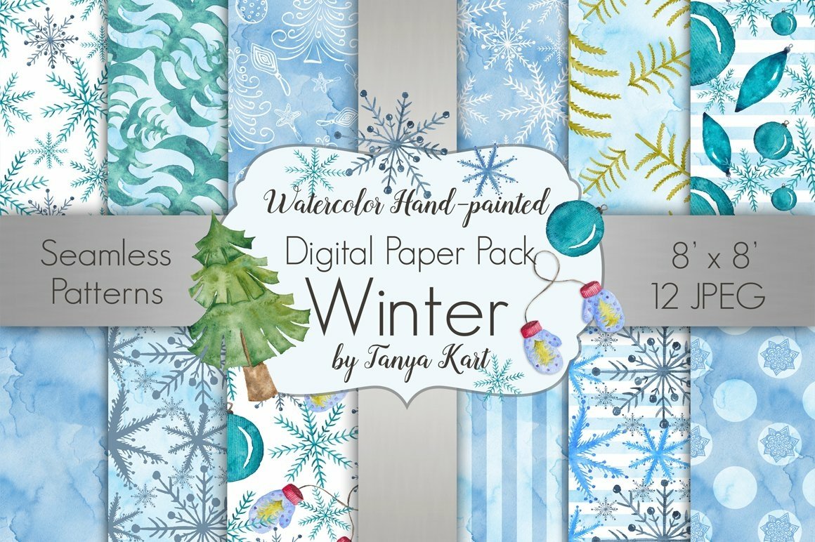 Winter Watercolor Digital Paper Pack (1981035) | Patterns | Design Bundles
