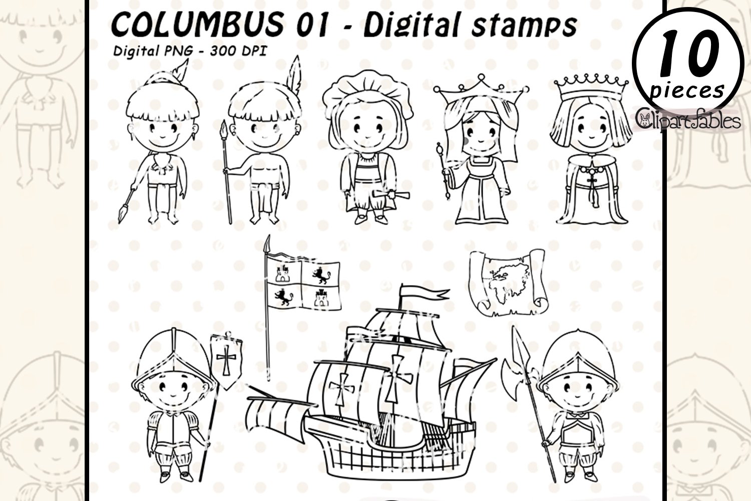COLUMBUS digital stamps, Discovery of America outlines, 1492