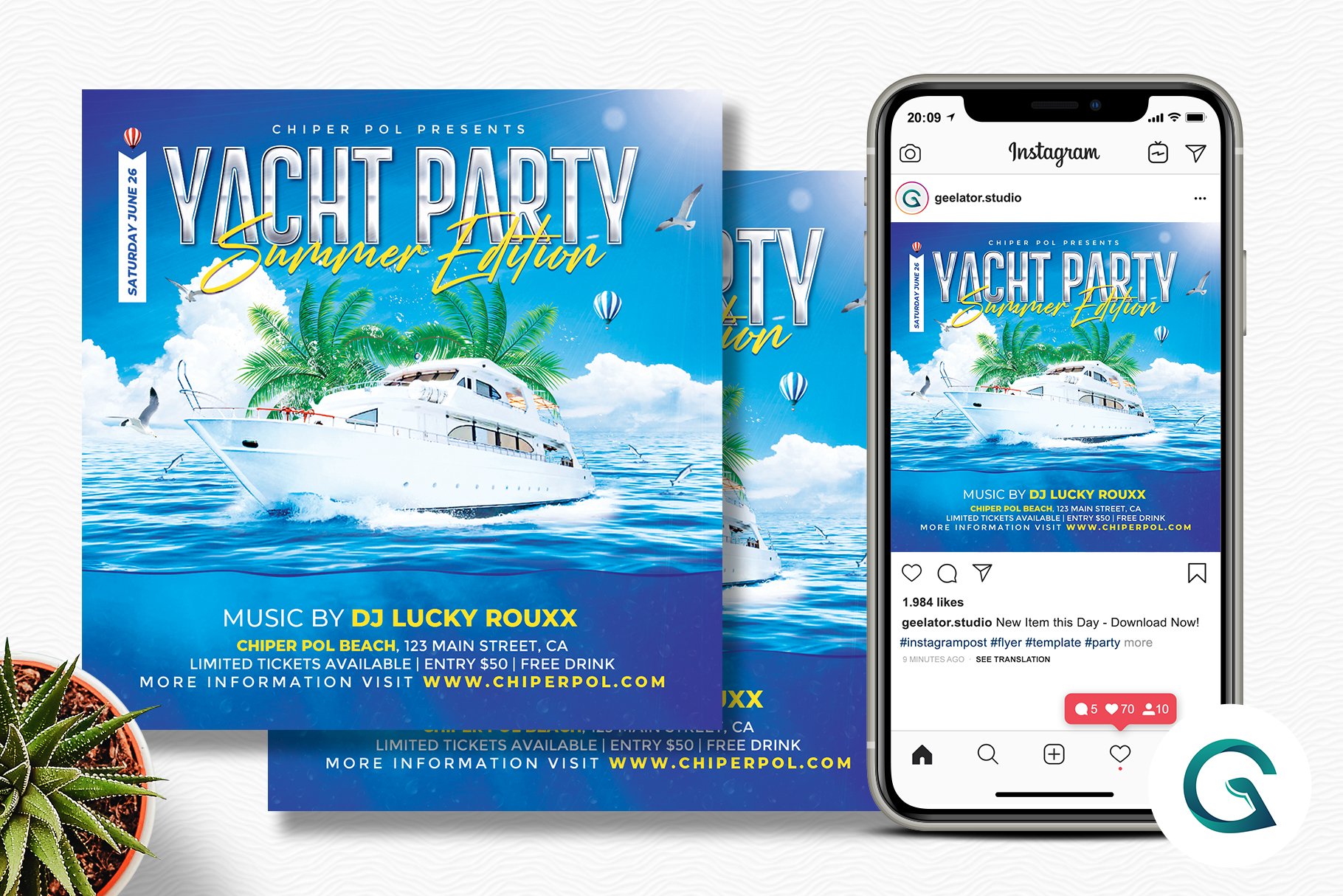 Yacht Party Flyer Template Blue, Illustrated Yacht Party Flyer And