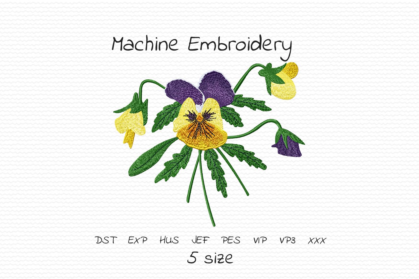 Pansy flower with buds and leaves - Embroidery Design