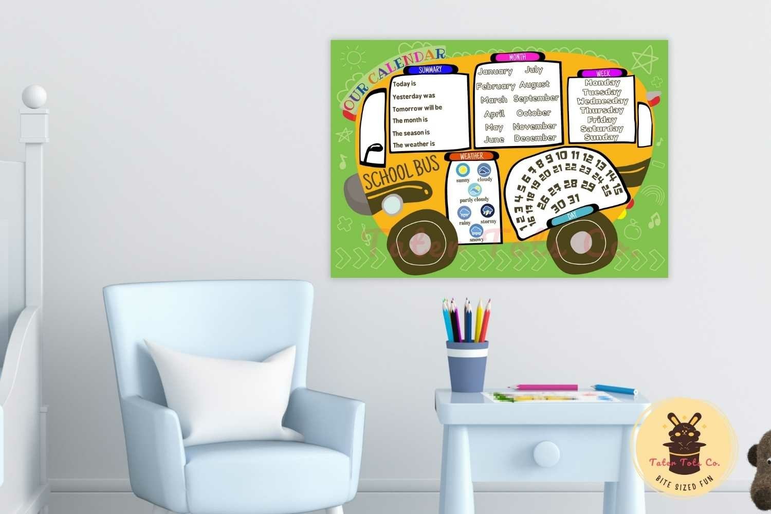 Classroom Calendar Set School Bus For Classroom, Bus With Flip Calendar