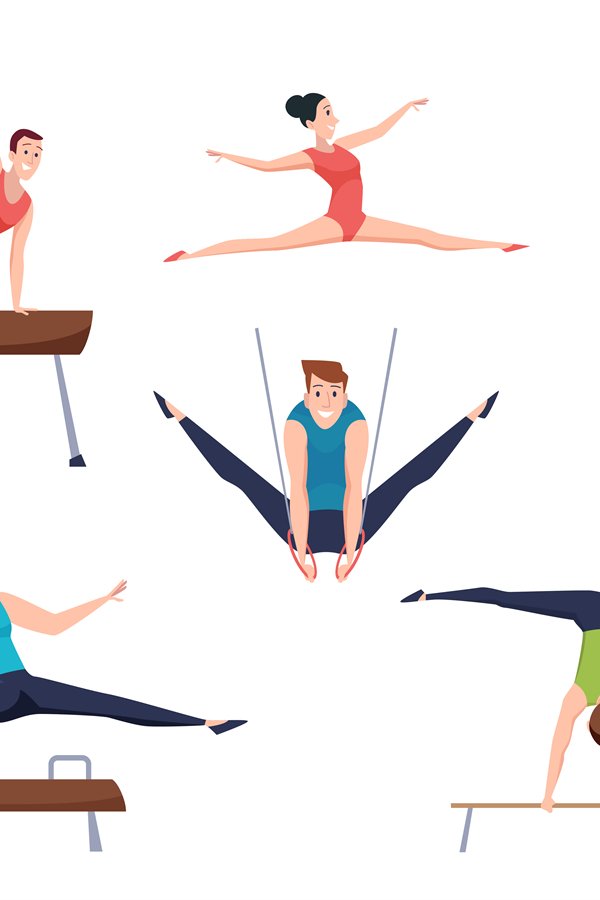 Gymnasts. Athletes characters acrobatic moves fitness traini