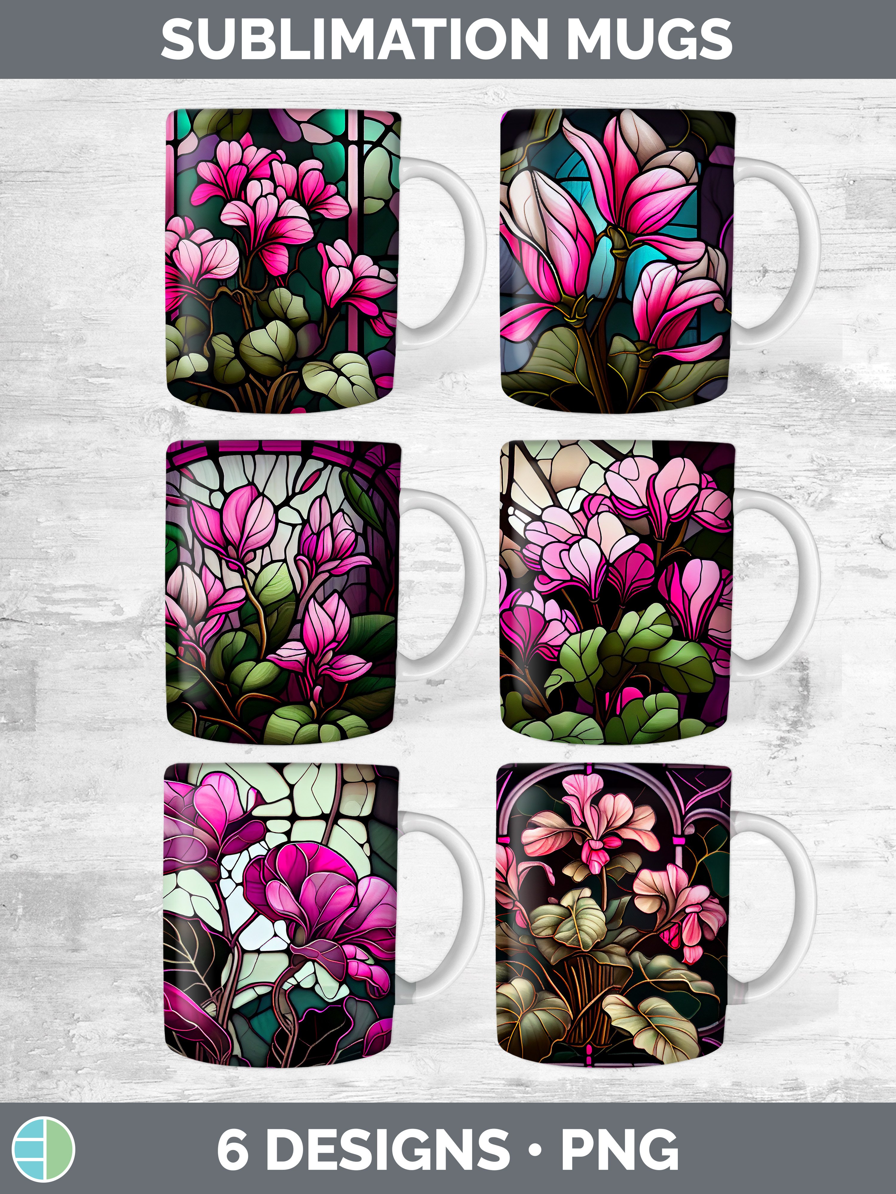 Stained Glass Cyclamen Flowers Mug Wrap | Sublimation Coffee