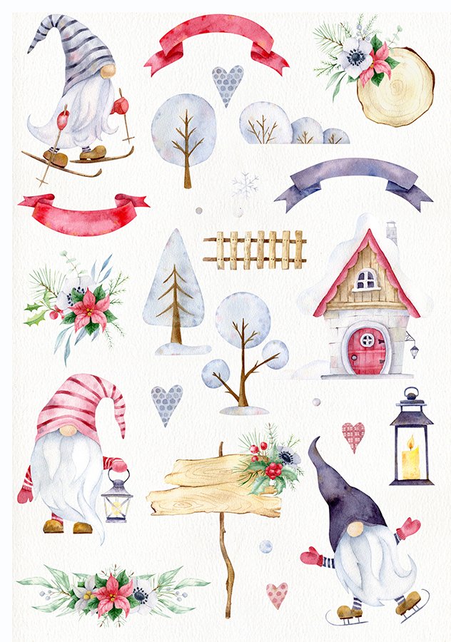 Christmas Gnomes clipart, watercolor png, gnomes (1049899)