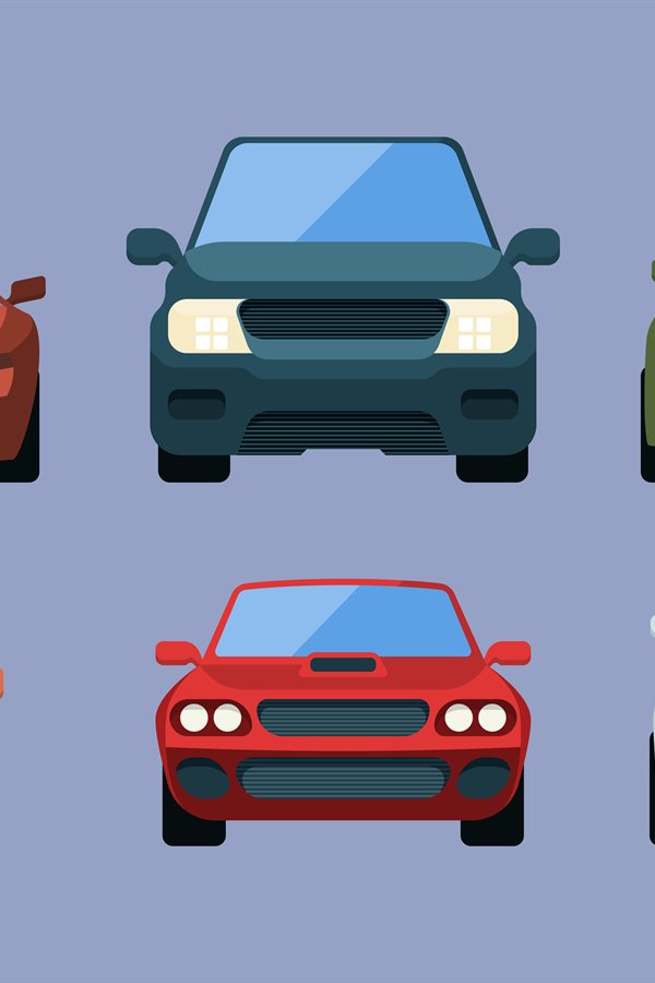 Cars front view. Urban vehicles in flat style cargo trucks c