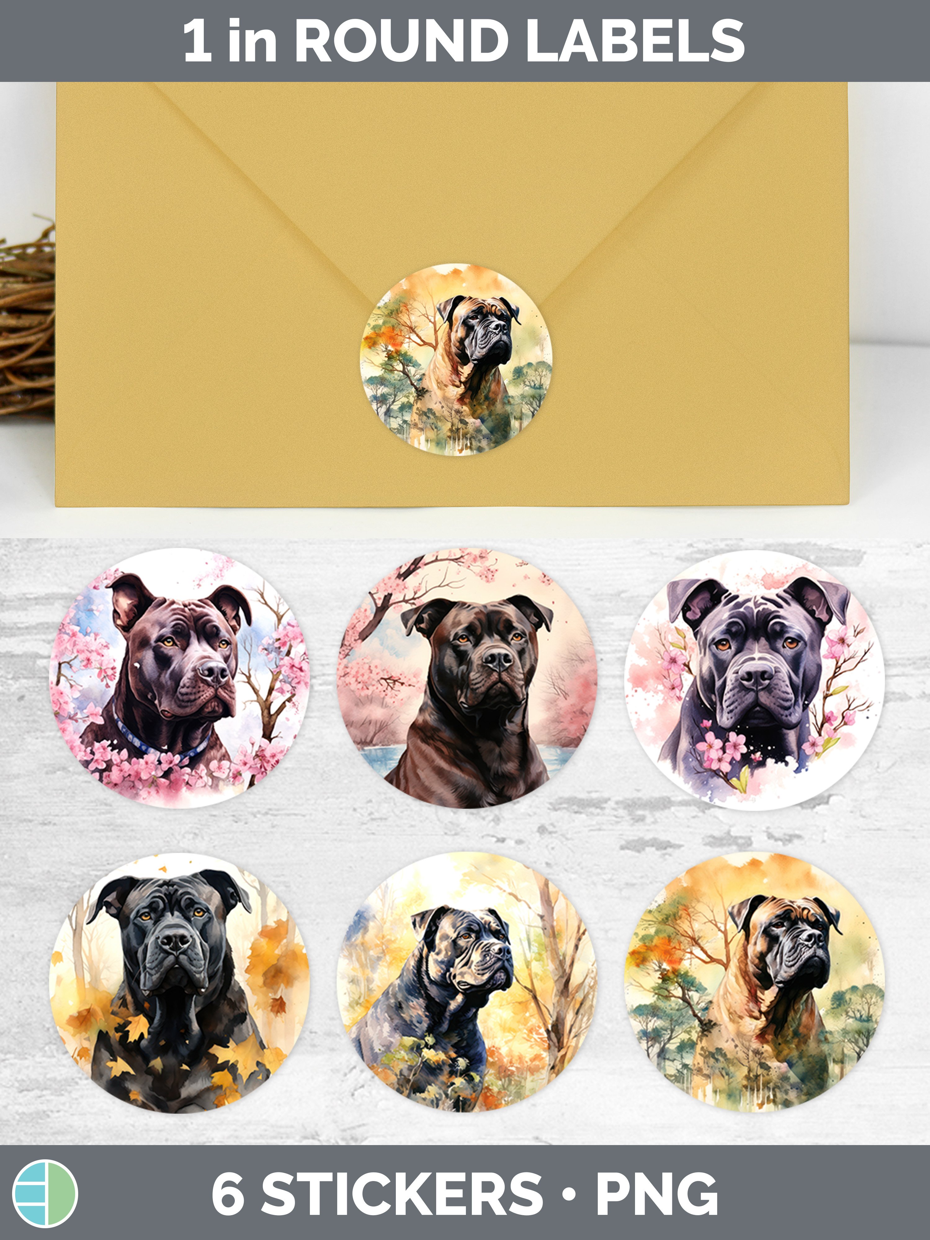 Japanese Watercolor Cane Corso Dog Stickers | Round Labels D