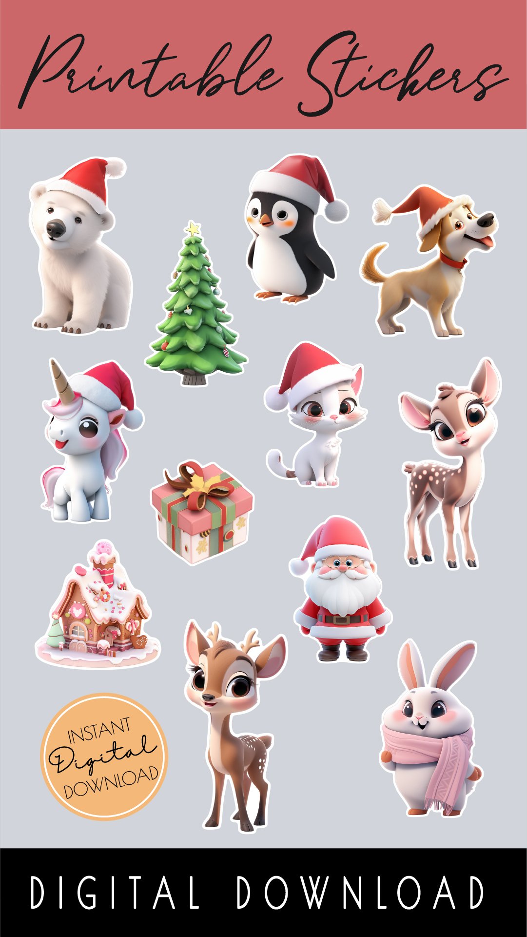 Cute Christmas Stickers Bundle, Printable PNG Stickers