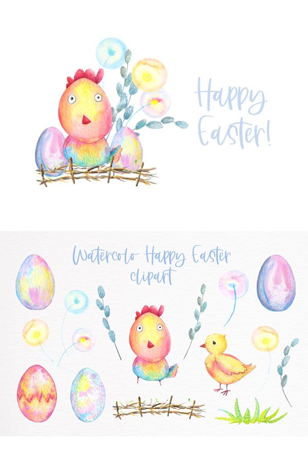 Watercolor Cute Easter clipart. Spring. Chicks and dandelion
