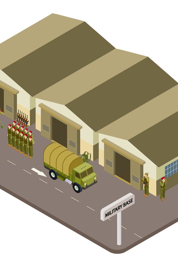 Military base with soldiers and military cars isometric vect