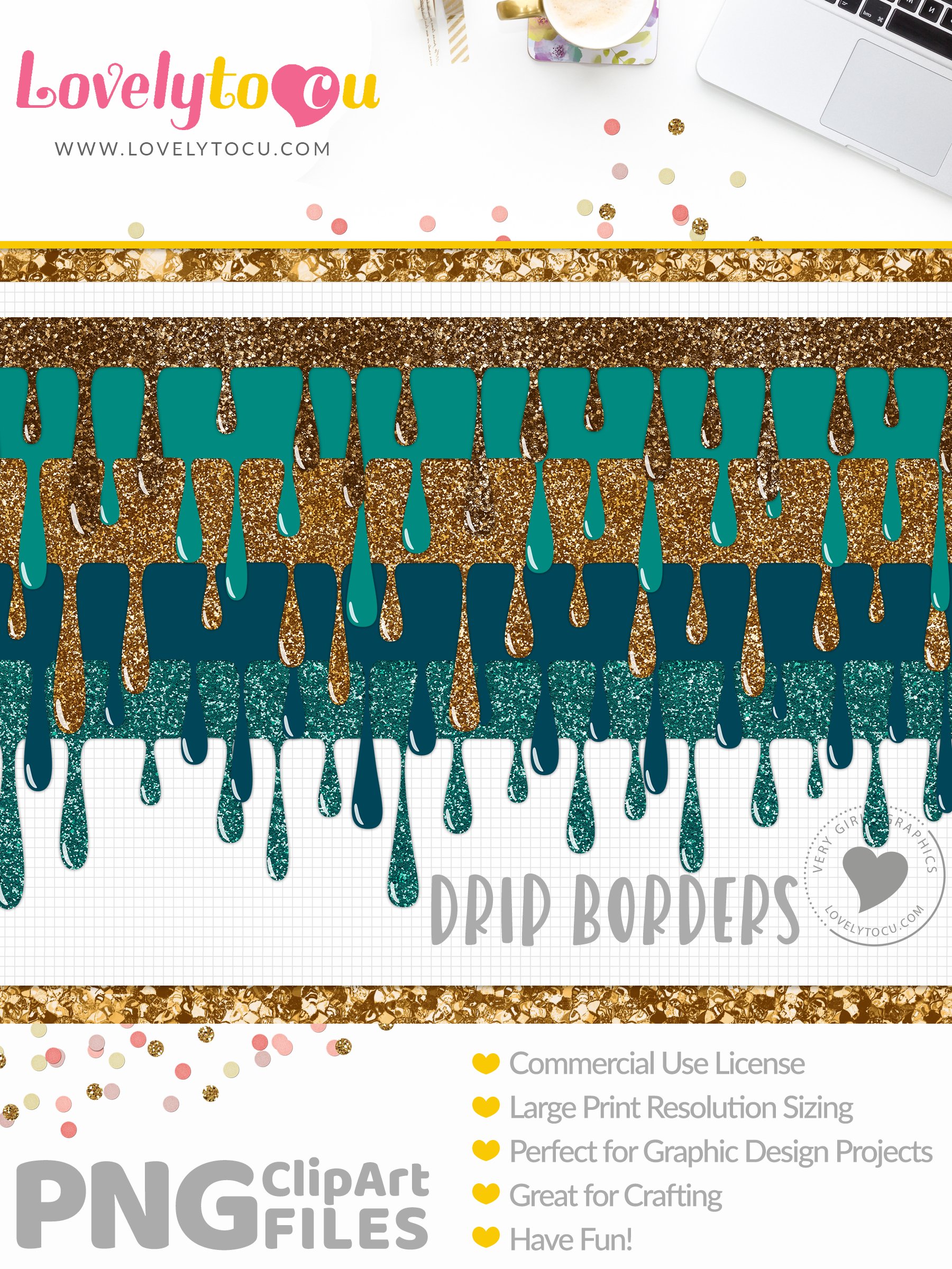 Glitter drip borders, graphic design elements, (2079340)