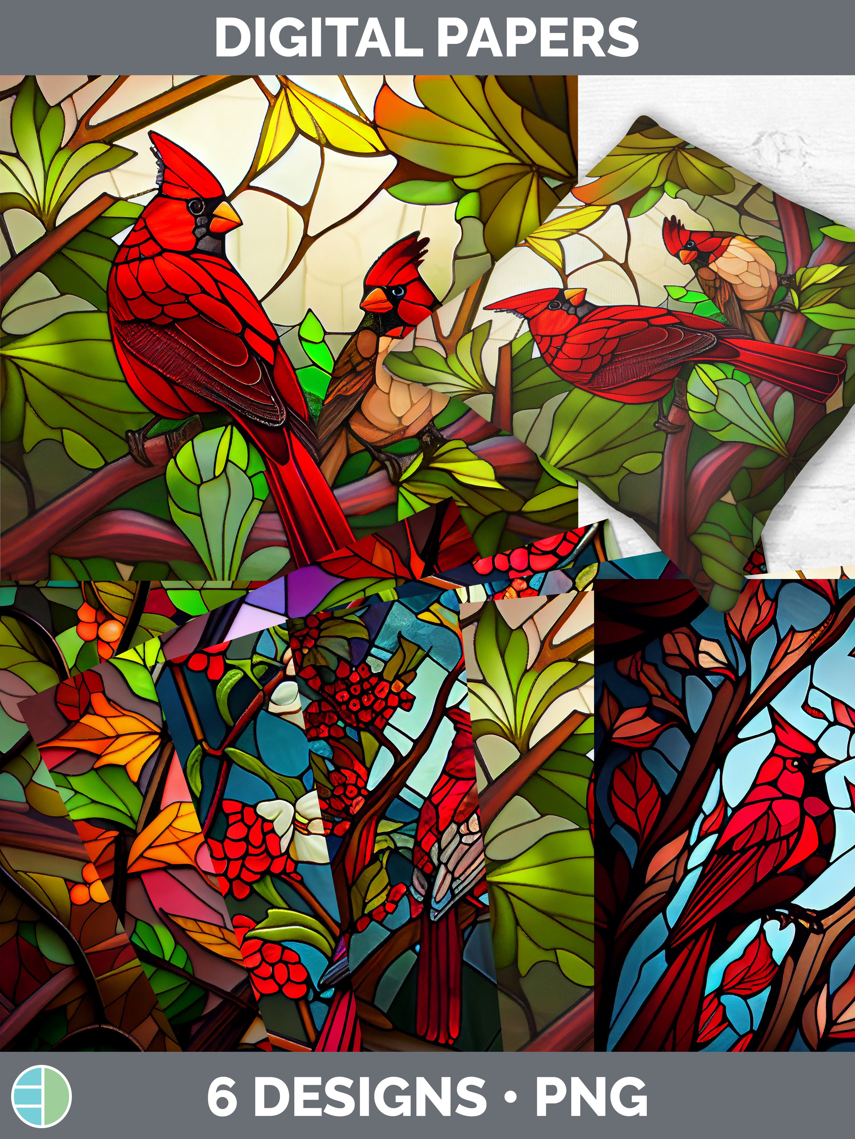 Stained Glass Cardinal Backgrounds | Digital Scrapbook Paper