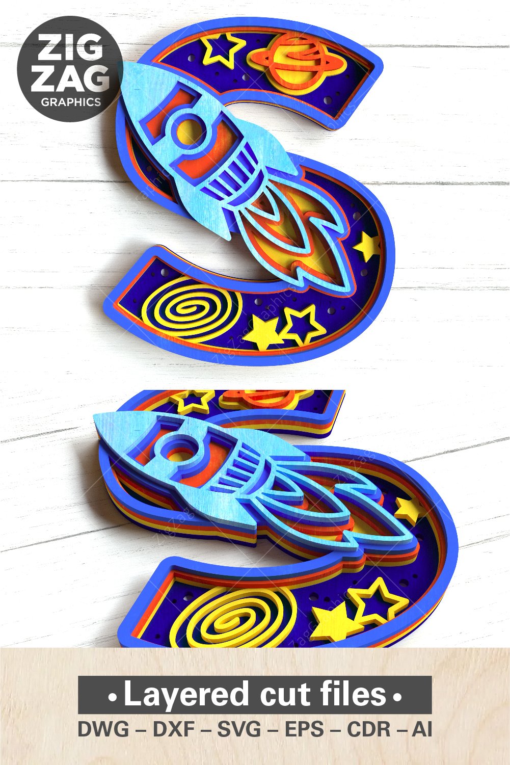 layered kids letter S with space rocket astronaut and stars