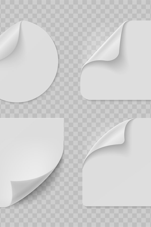 Curled pages and stickers. Round and rectangle flipped paper