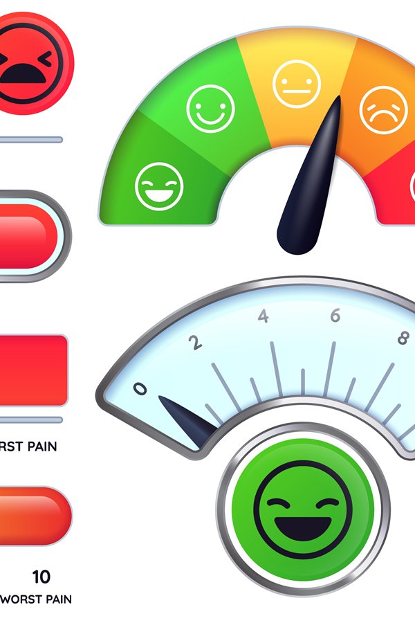 Pain scale meter. Smile and sad emotion measure, no pain and
