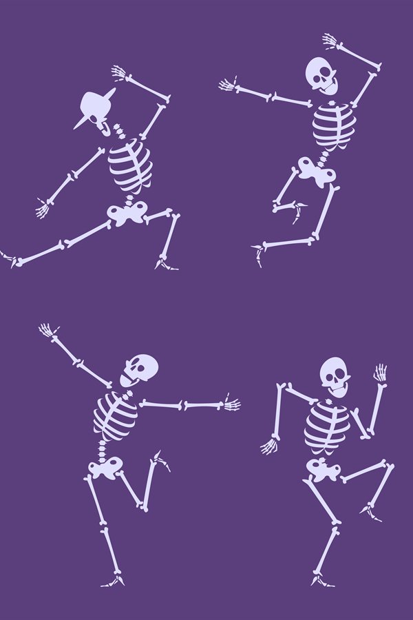 Skeleton dancing. Party funny characters dancers poses on ha