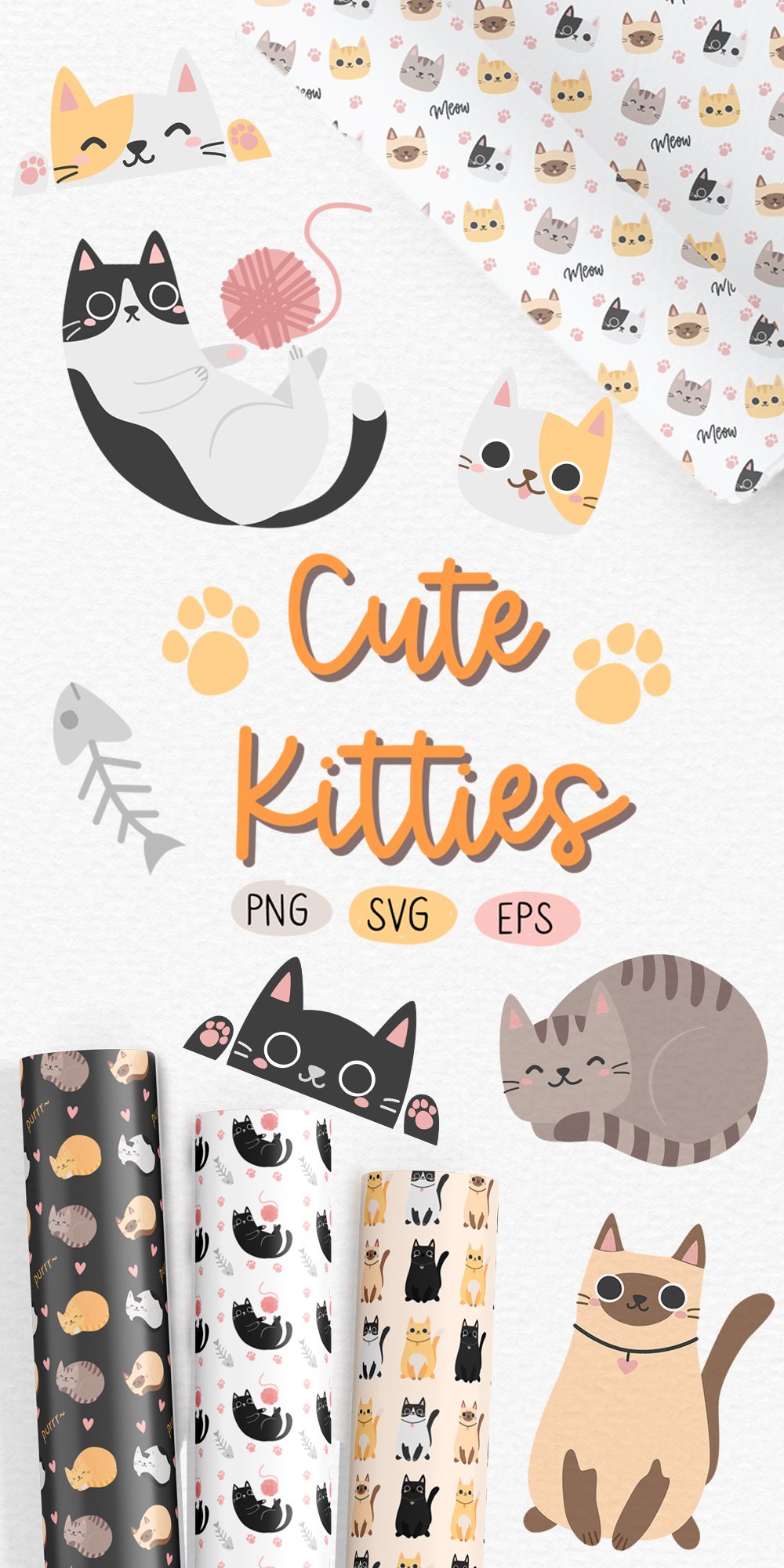 Cute cats clipart and seamless patterns bundle