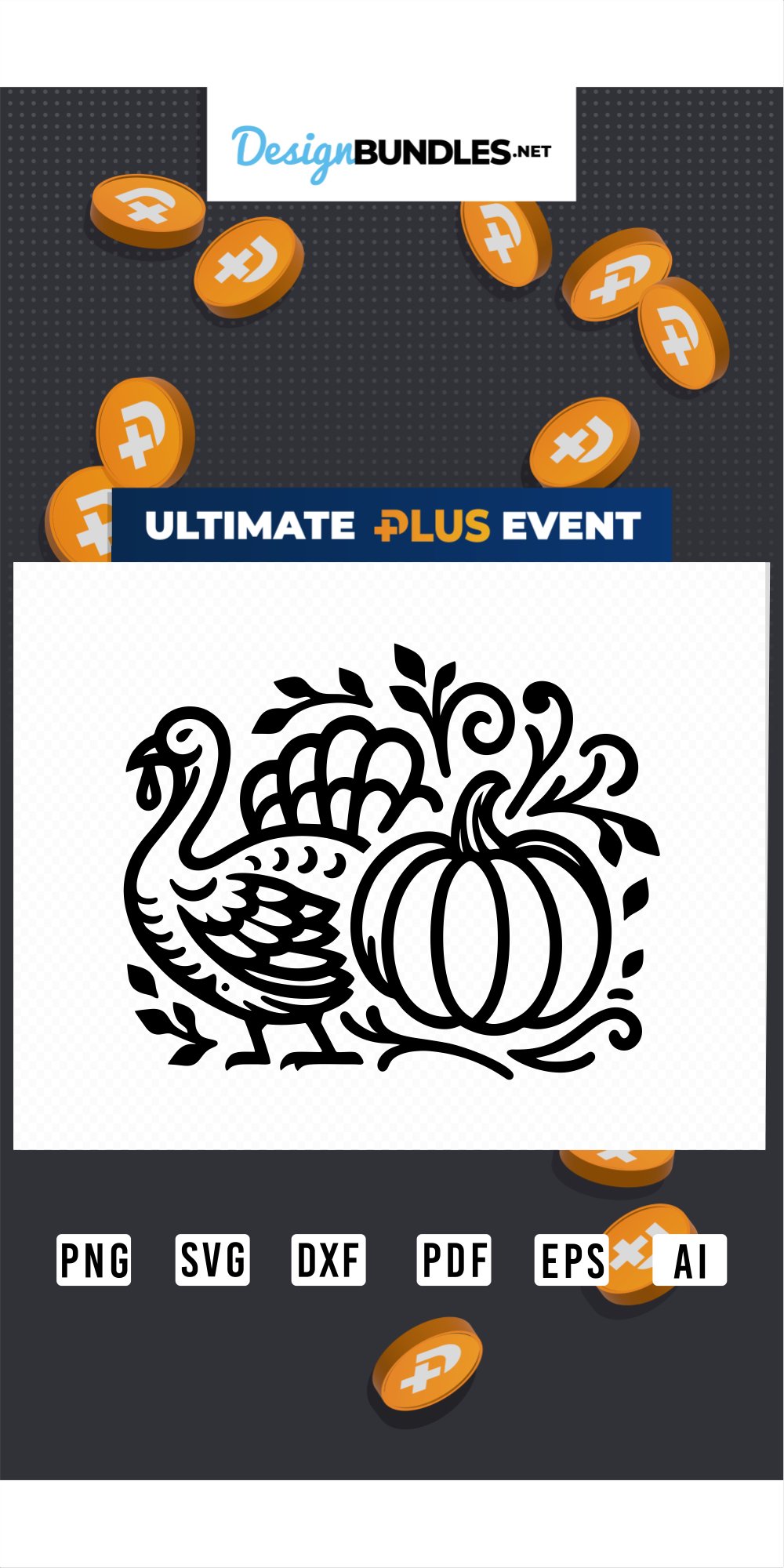 Line Art Turkey And Pumpkin Clipart SVG, Thanksgiving SVG