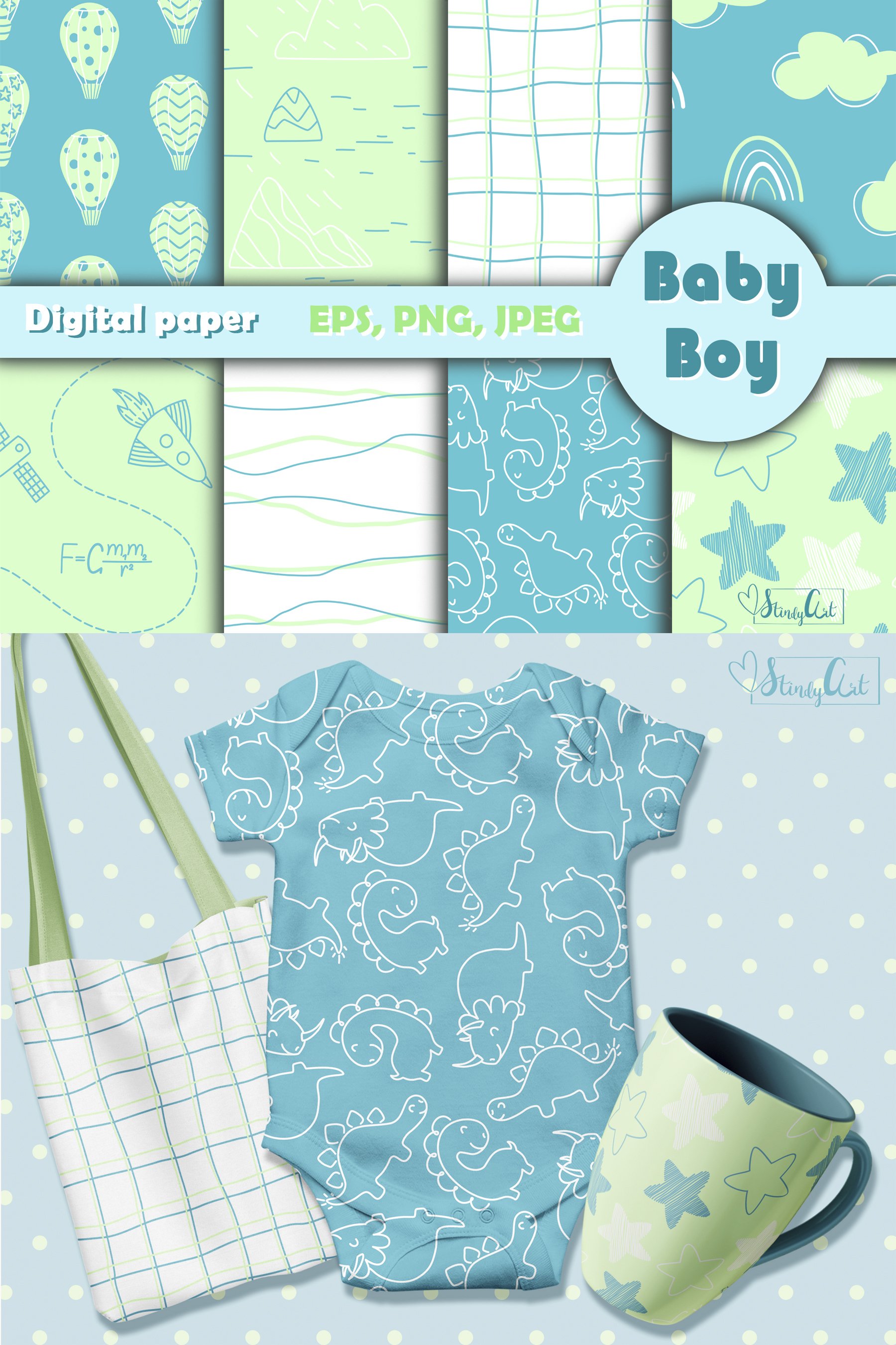 Digital paper pack for baby boy in green, blue, white colors
