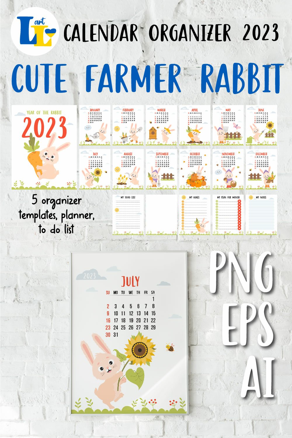 Cute rabbit. Printable Farm Calendar 2023 templates planner