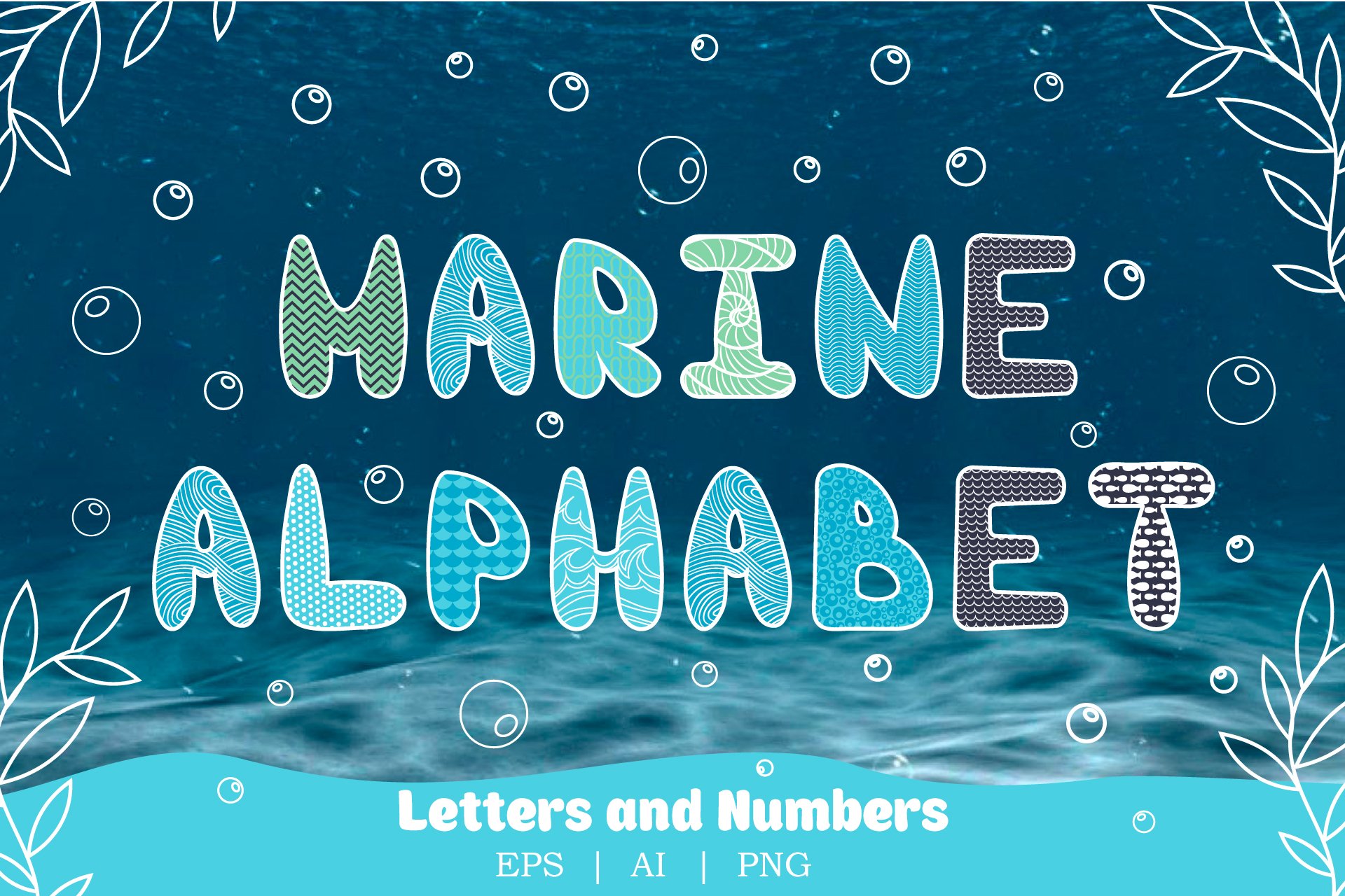 Cartoon cute marine alphabet and numbers