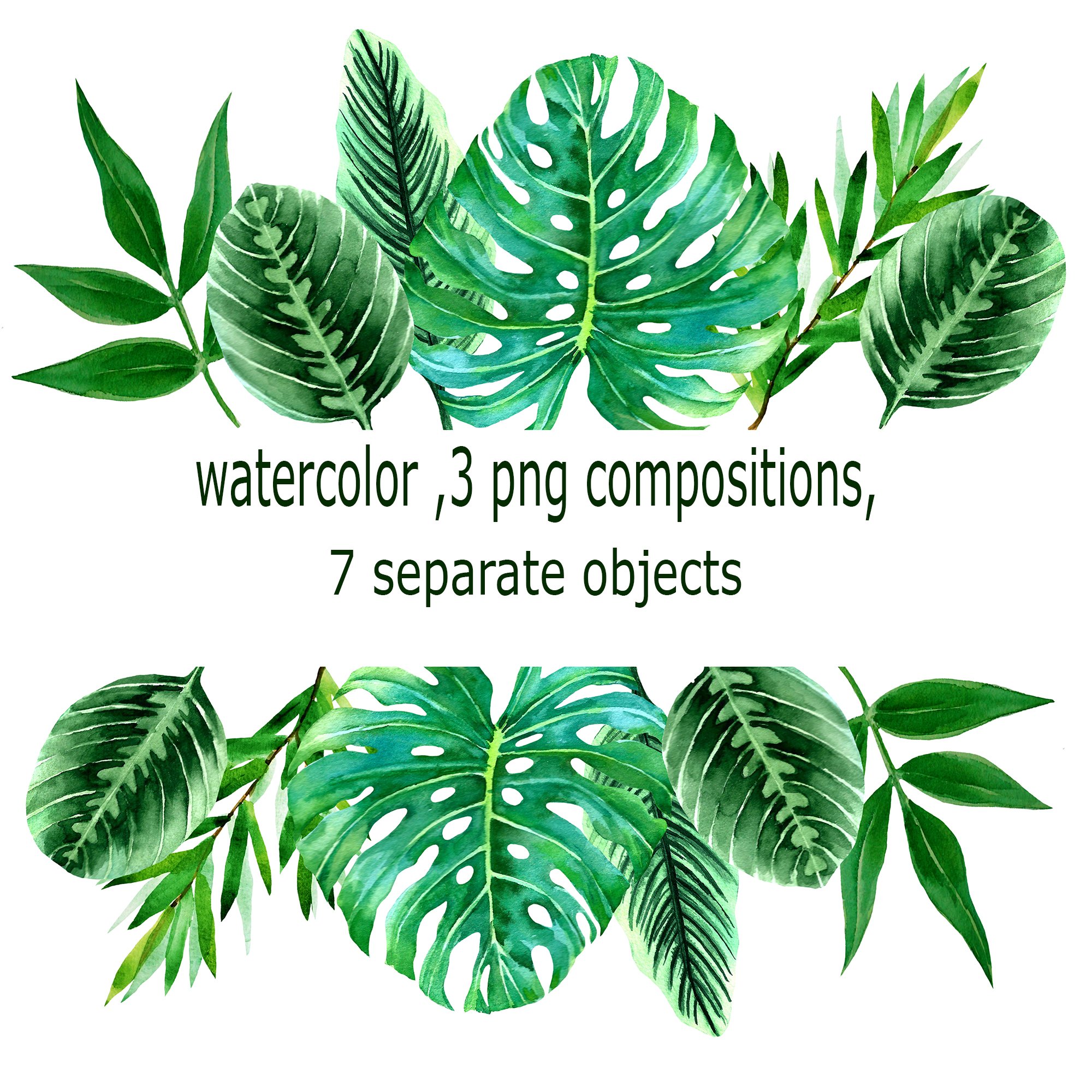 Hand-Painted Watercolor, Tropical Leaves ,Lush greenery