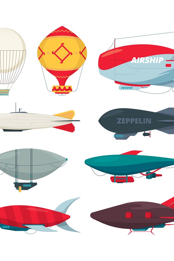 Flight zeppelin. Airship balloon freedom concept collection
