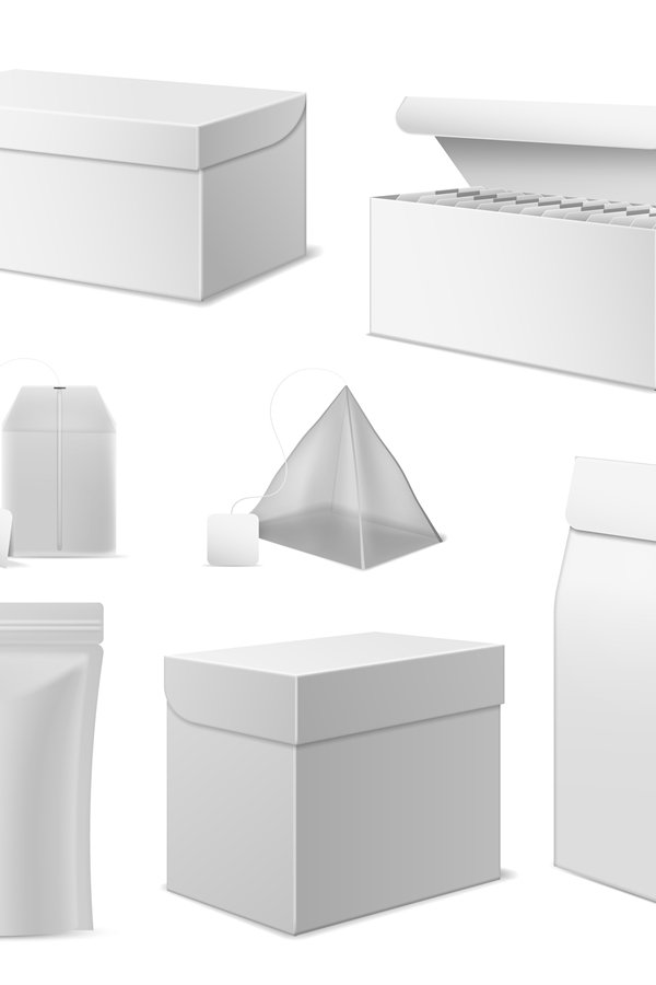 Realistic paper tea package. White boxes and different tea b