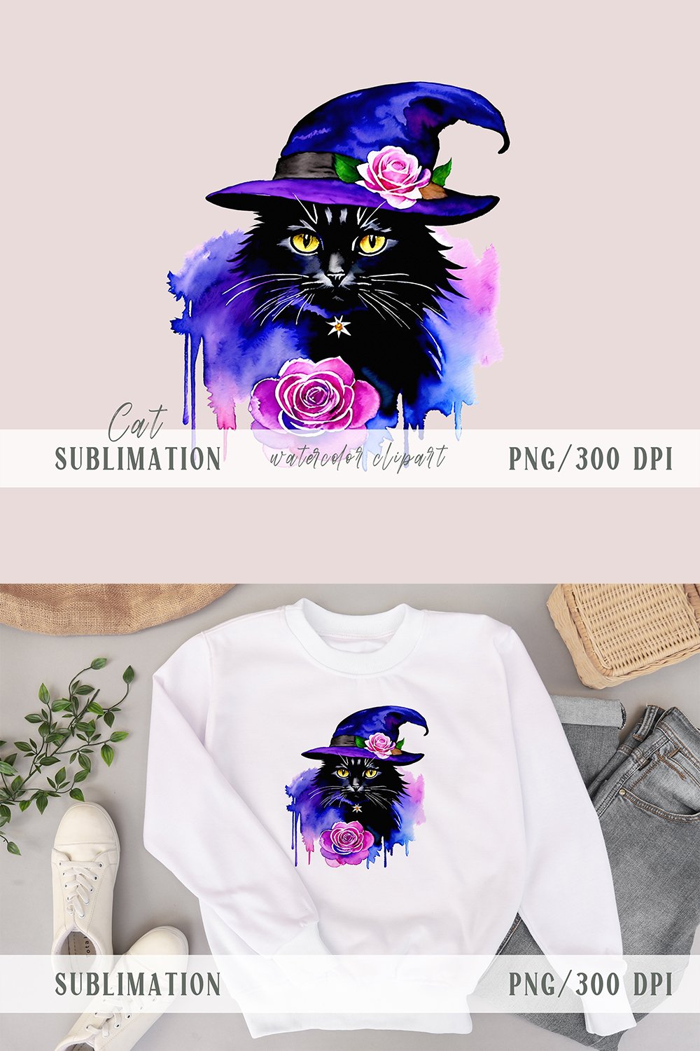Watercolor cute cat Halloween fall sublimation- 1 png file