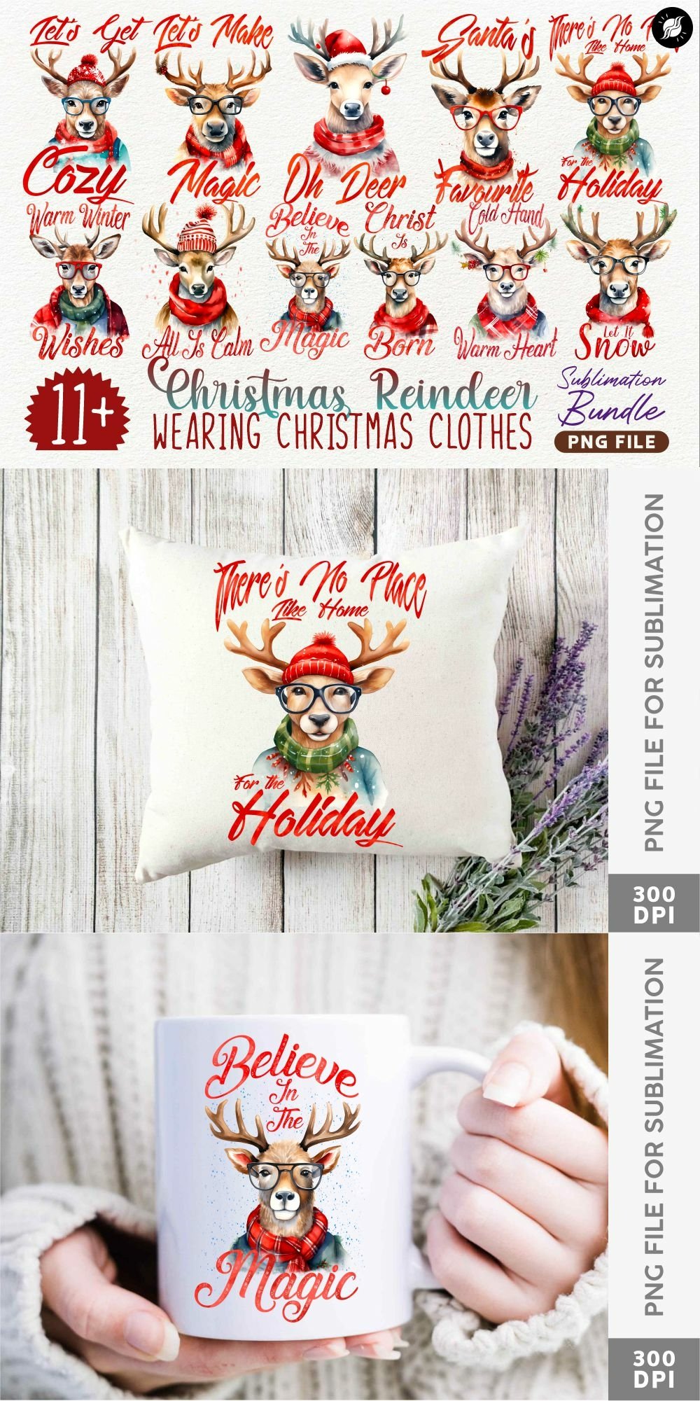 Christmas Reindeer Sublimation Designs Bundle