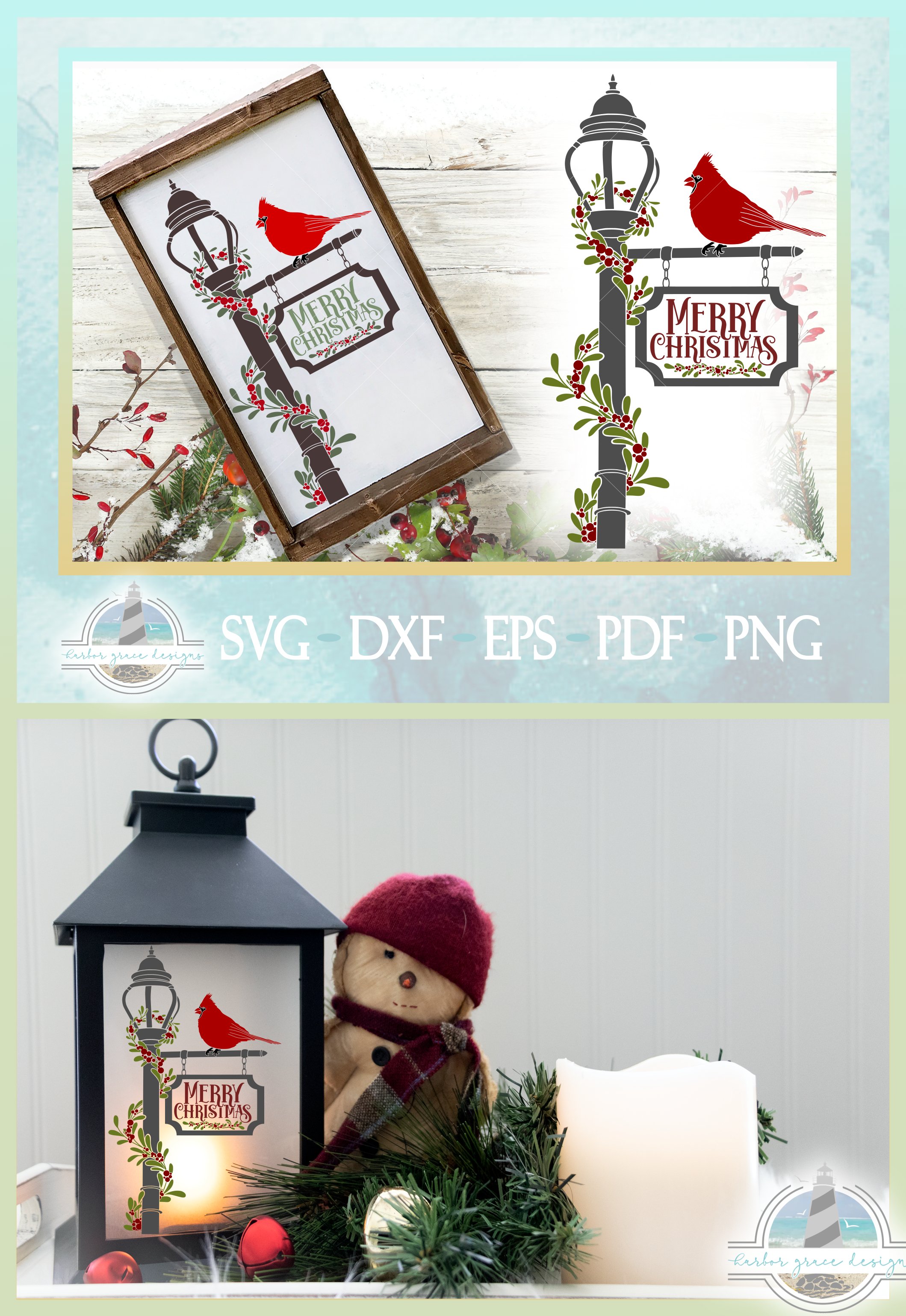 Merry Christmas Sign on Lamp Post with Cardinal SVG