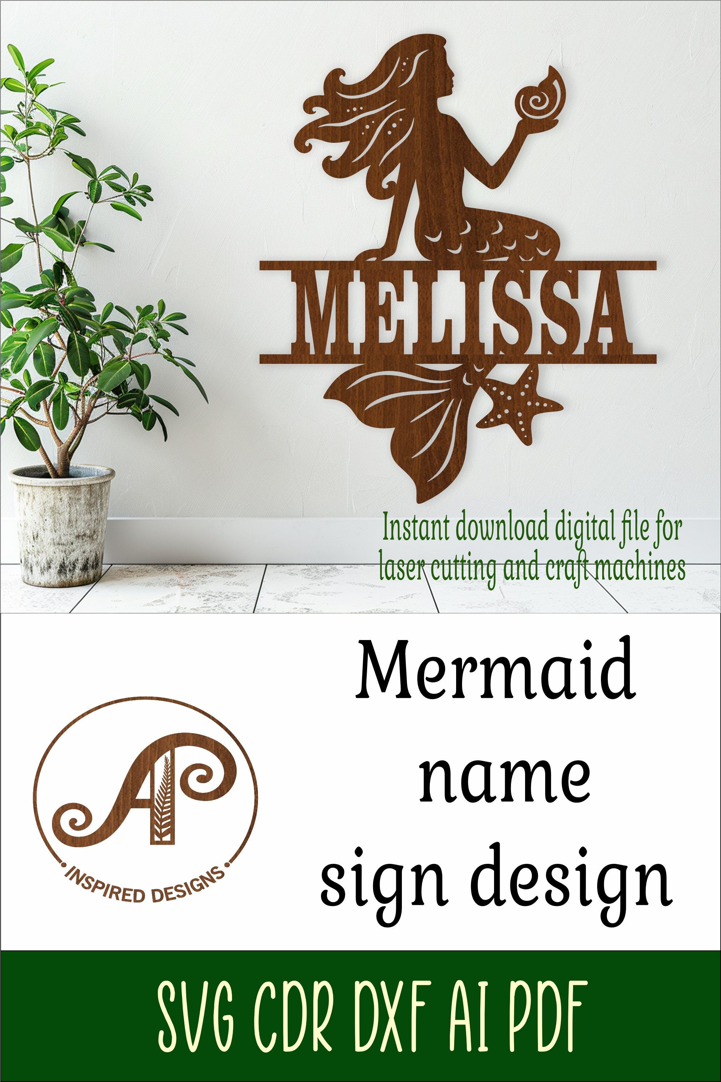 Mermaid with shell name sign svg laser cut file
