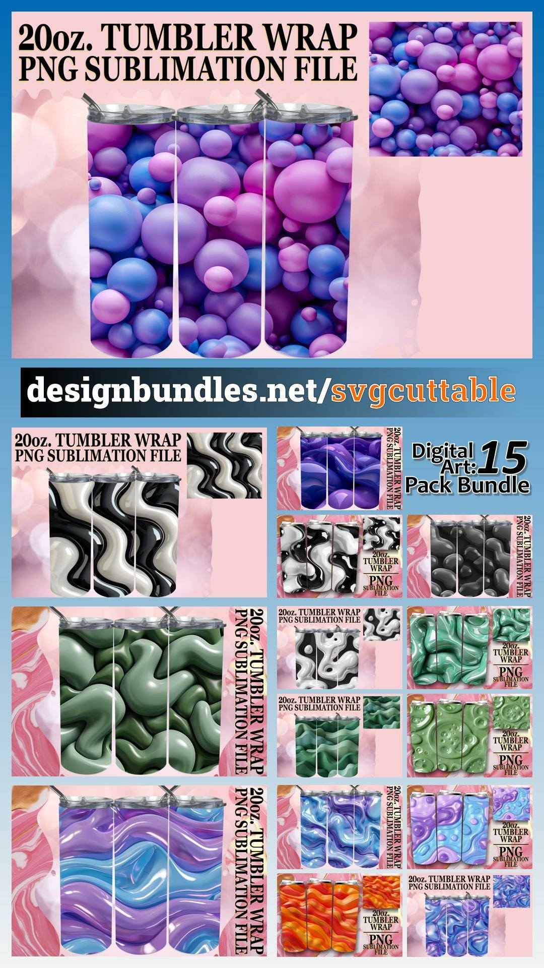 15x 3D Inflated Puff Tumbler Wraps Bundle, 20oz Bright Color