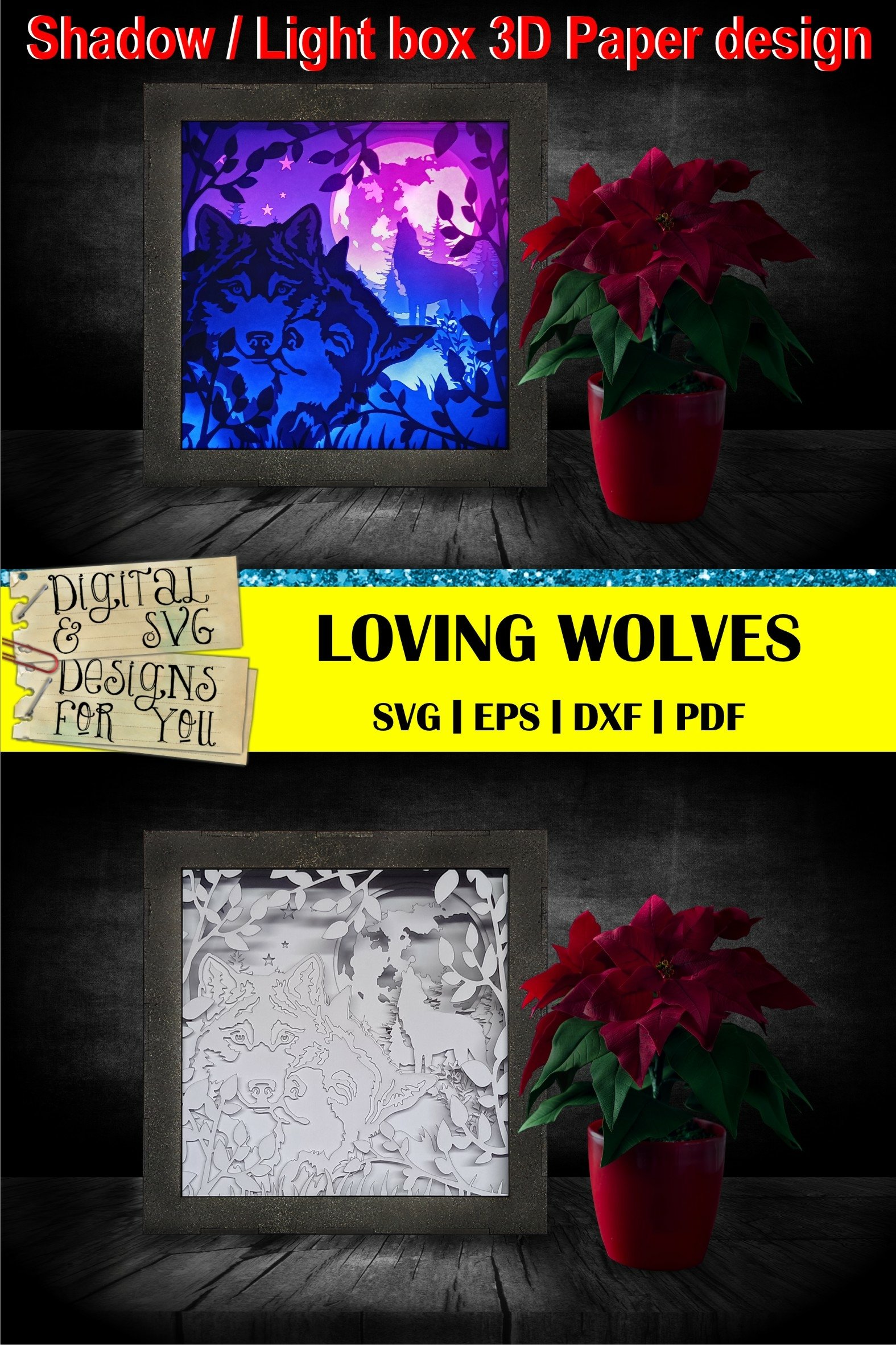 Loving wolves - 3D Light box | 3d Shadow box | howling wolf
