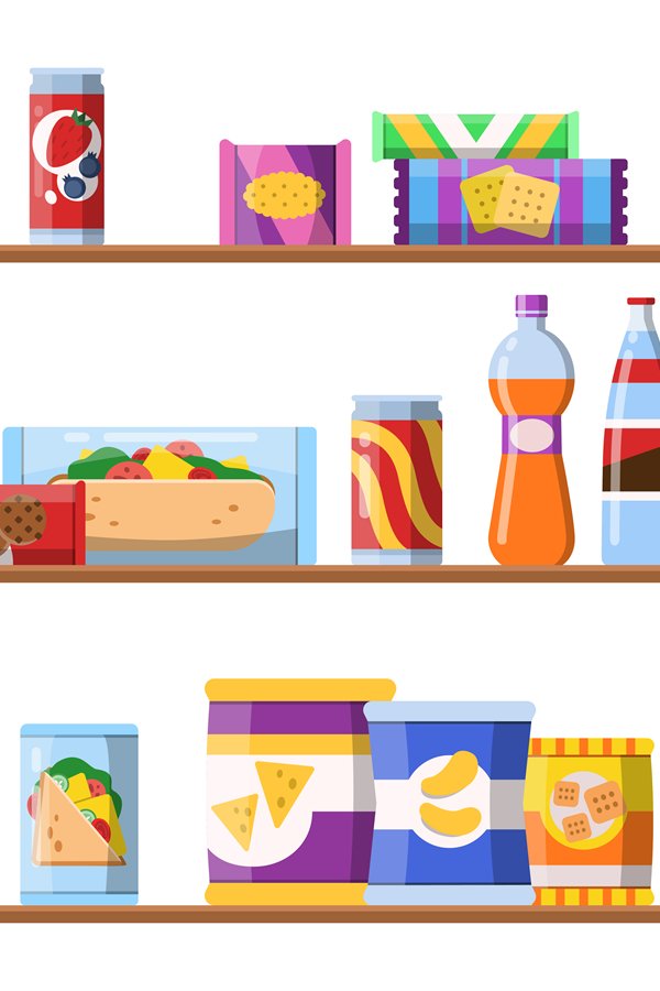 Beverage food on shelves. Fast food snacks biscuits and wate