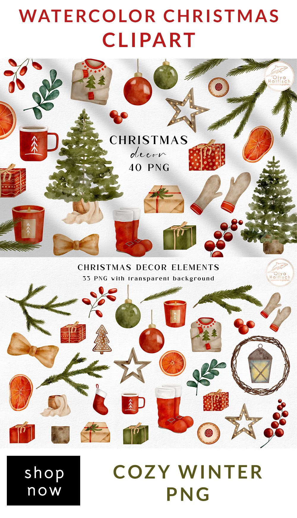 Christmas Clipart. Watercolor Winter Decor PNG