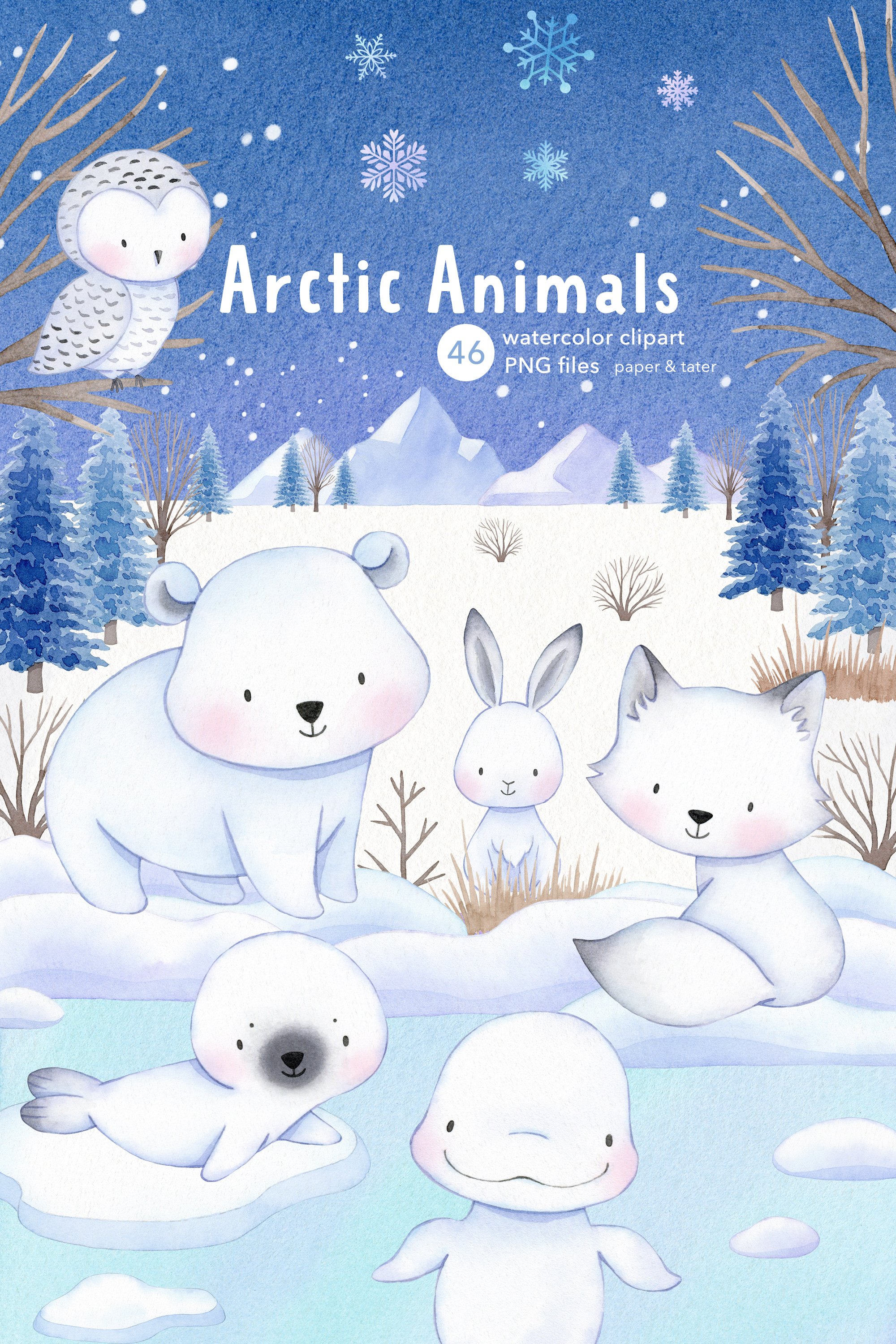 Arctic Animals Watercolor Clipart, Winter Polar Clip Art PNG