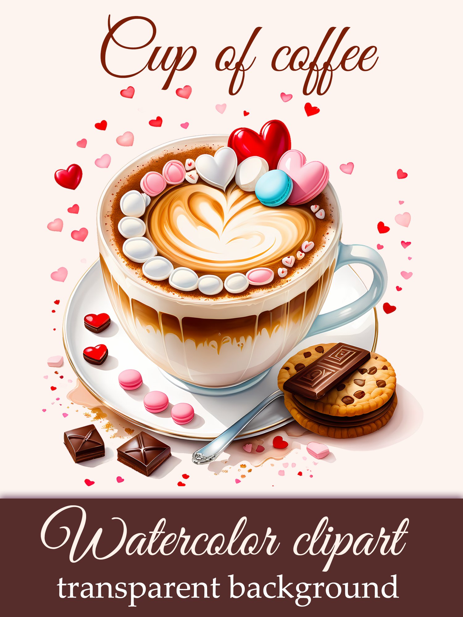 Watercolor coffee cup with hearts and chocolate, clipart Png