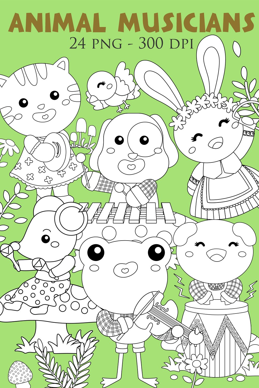 Animal Musicians Playing Music Cartoon Digital Stamp Outline