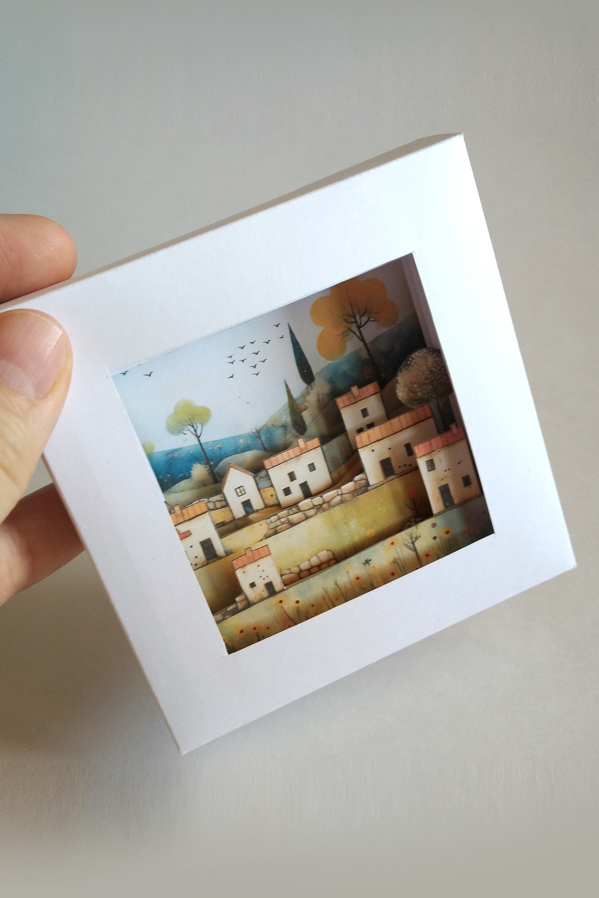 Shadow Box Template. Landscape with Houses