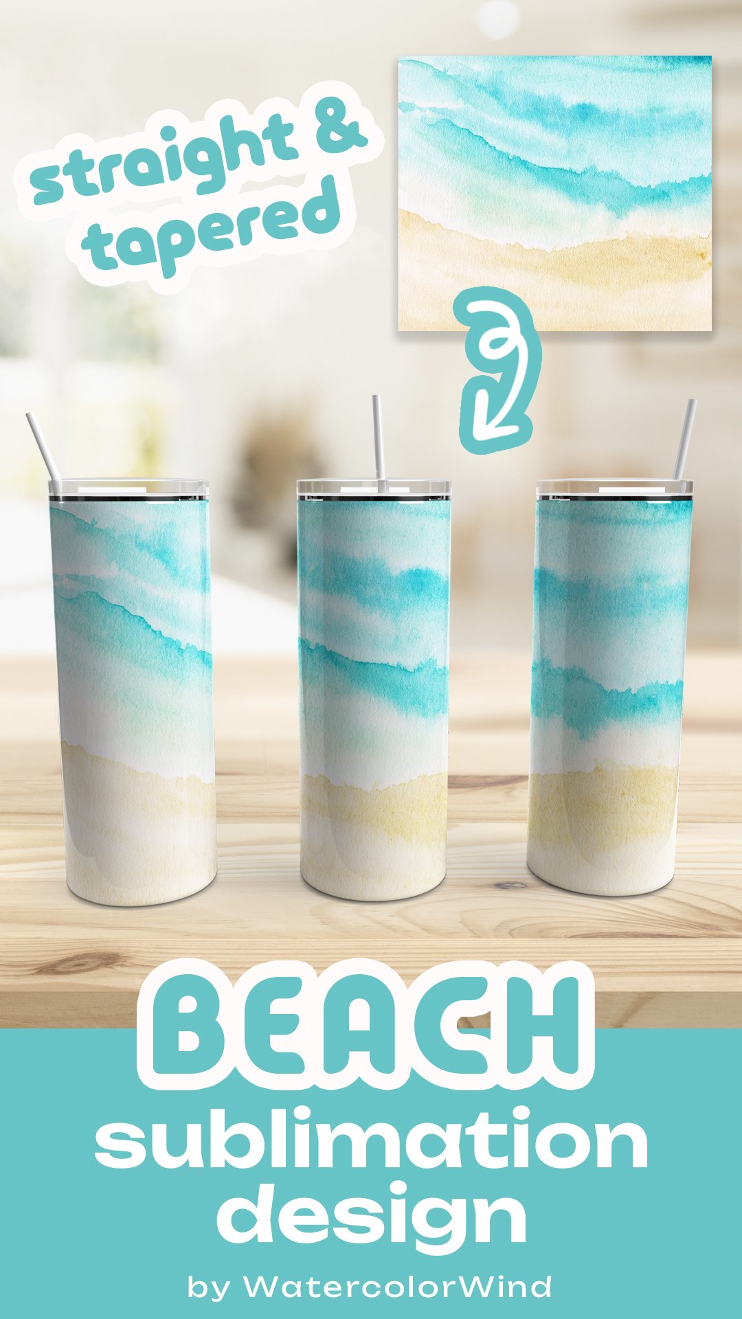 Watercolor beach sublimation design for skinny tumbler