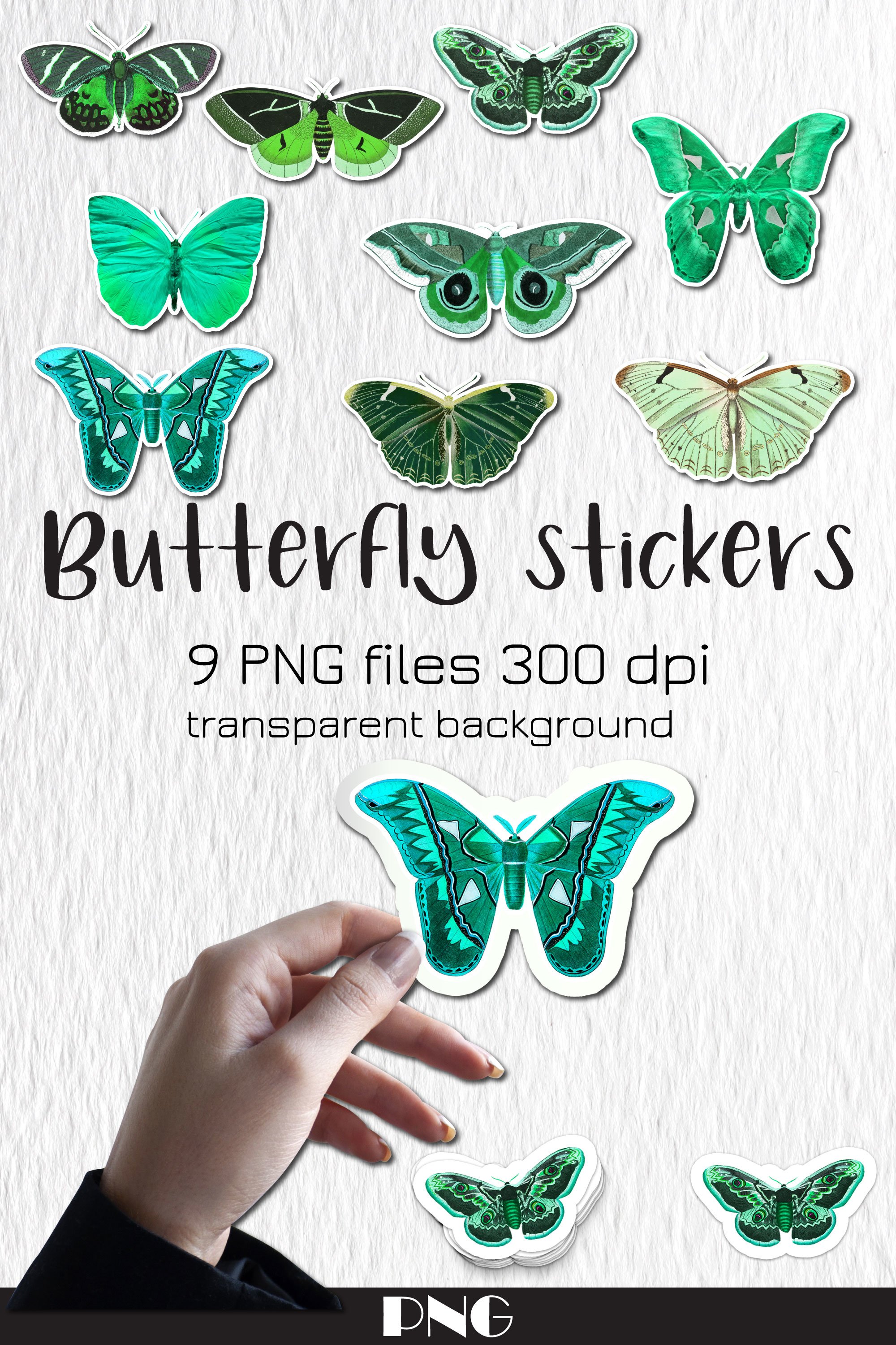 Green butterfly PNG, 9 Butterfly stickers