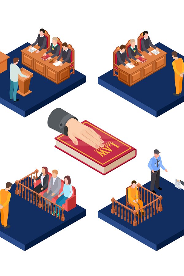 Isometric trials vector concept. 3D law illustration with pr