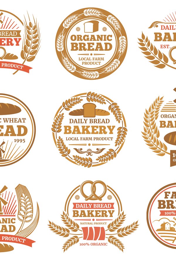 Vintage bakery vector labels with wheat ears and bread symbo