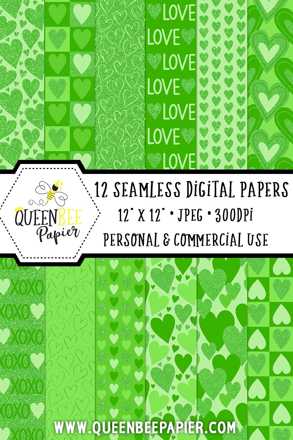 Green Glitter Heart Digital Paper Pack