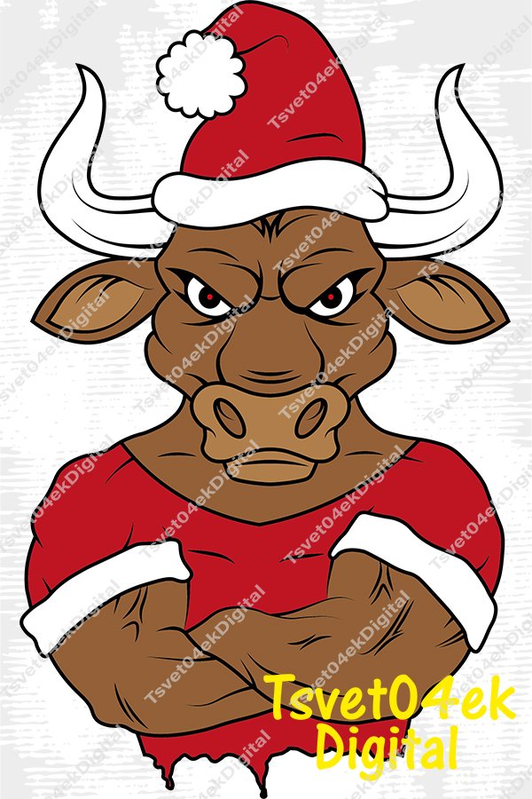 Strong bull santa claus wearing a christmas hat and t-shirt