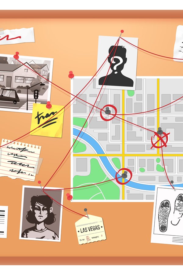 Detective board. Cops crime investigation plan, board with p