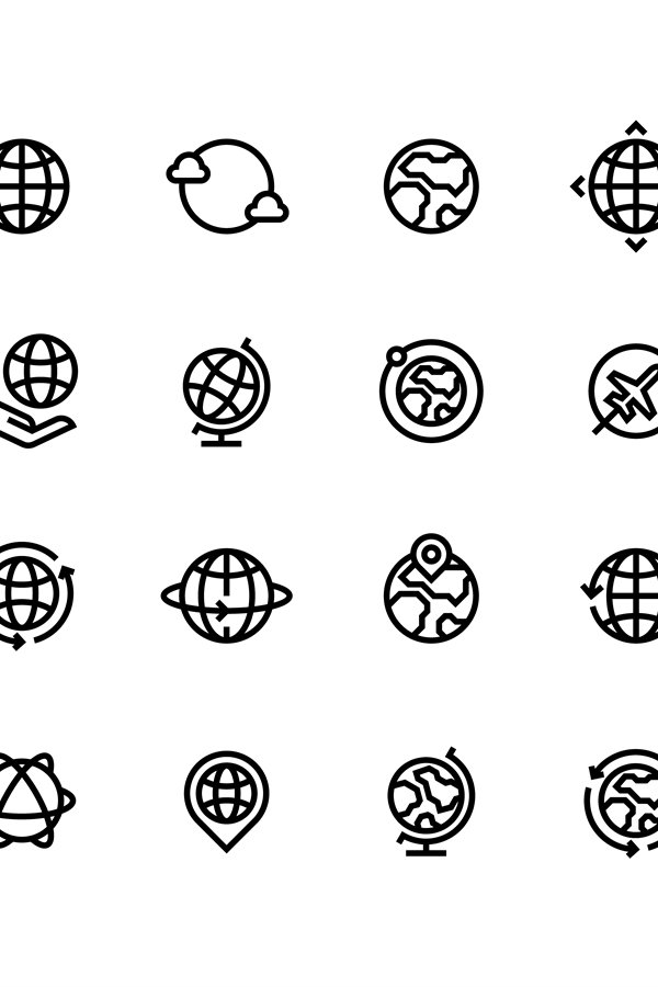Global world, globe outline icons. Earth, map and travel sim